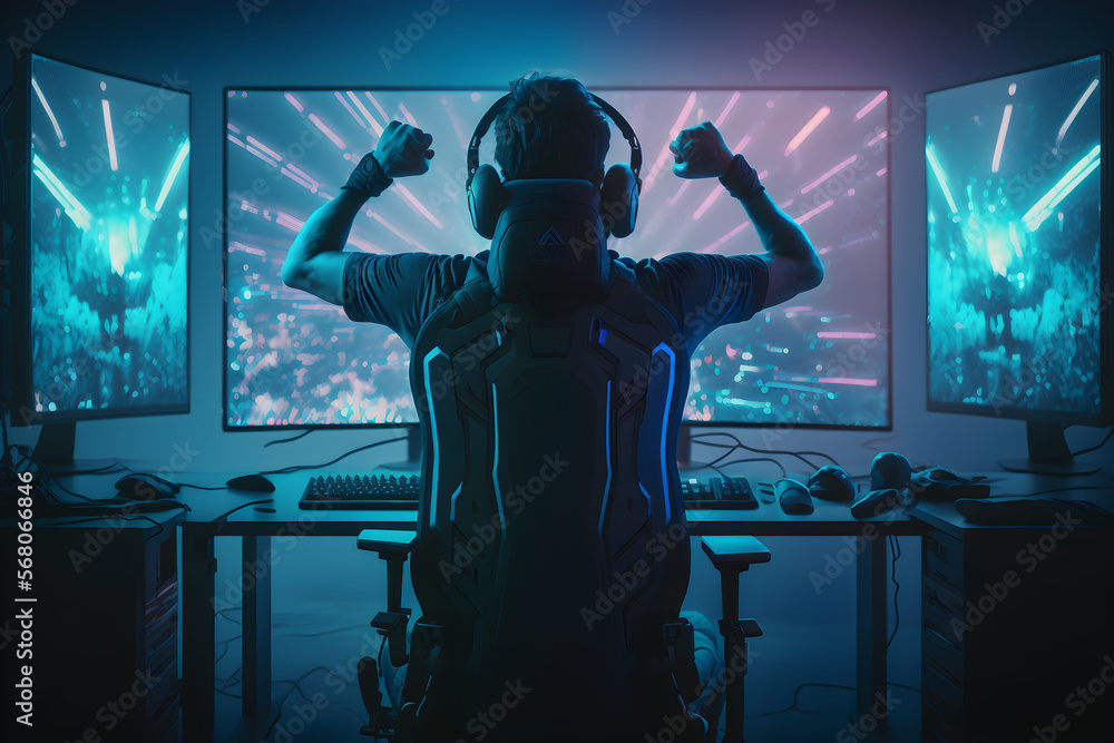 Excited E-Sports gamer celebrates win in neon-lit game room, digital ...