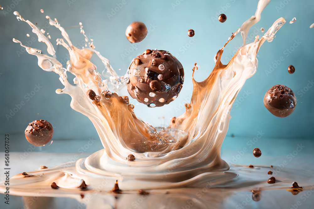Chocolate ball fall into milk, splash and dramatic. Generative AI Stock ...