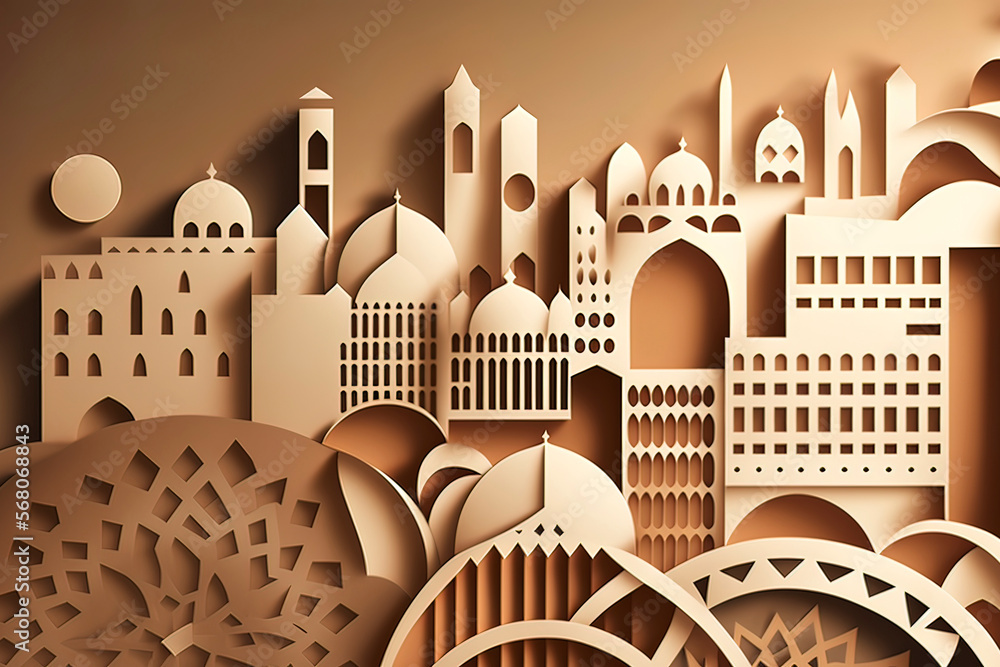 Abstract oriental arabic islamic city with mosques towers. AI Stock ...