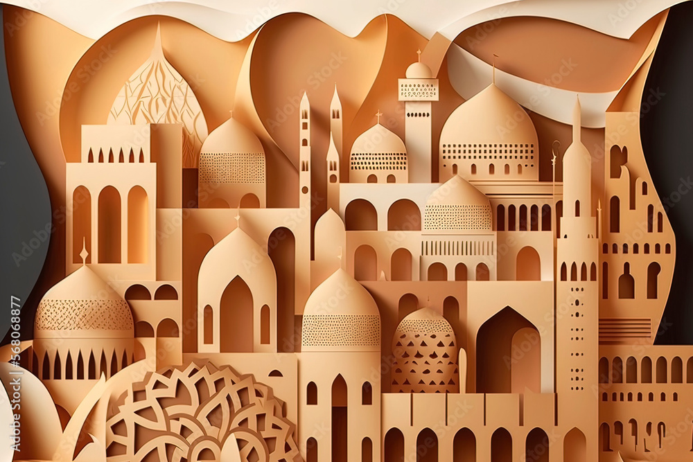 Abstract oriental arabic islamic city with mosques towers. AI Stock ...