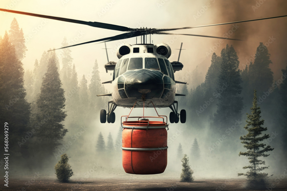 ภาพประกอบสต็อก Water buckets are carried by firefighting helicopters to ...