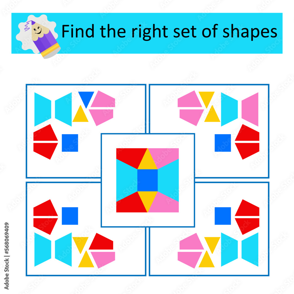 Logic puzzle for children. Find the correct set of geometric shapes ...