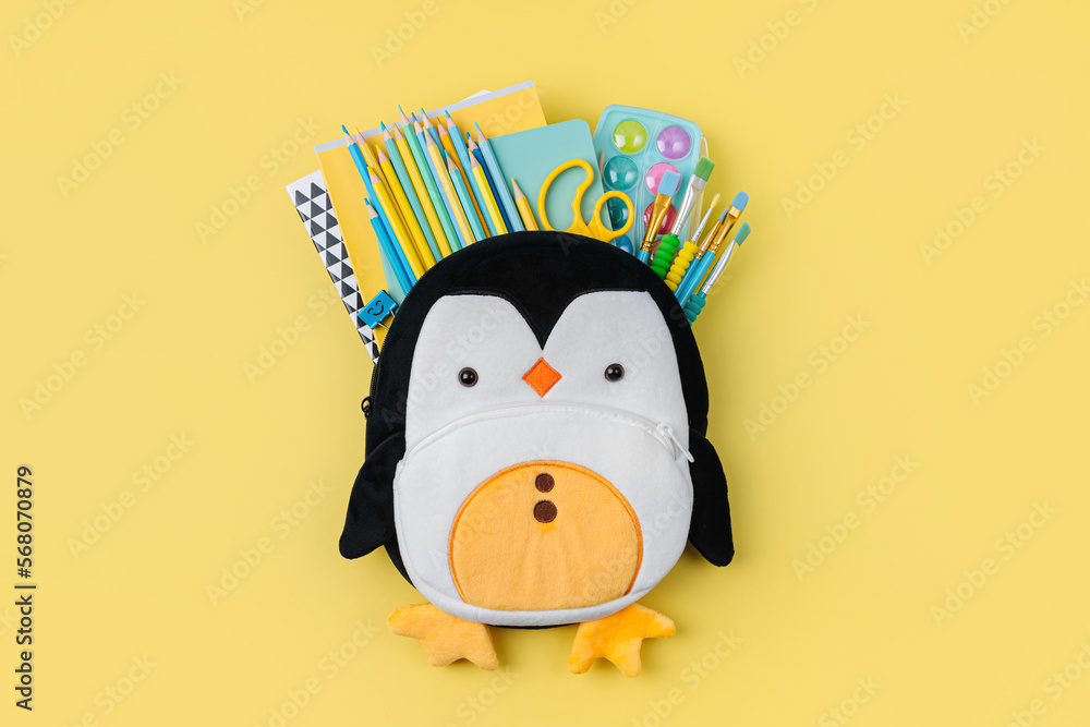 Plush penguin backpack with stationery and supplies for drawing and ...