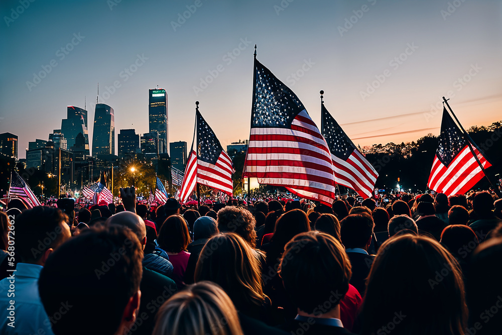 People crowded into the street in the USA and hold american flags ...