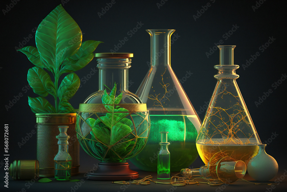 Collection of laboratory glassware filled with different substances ...