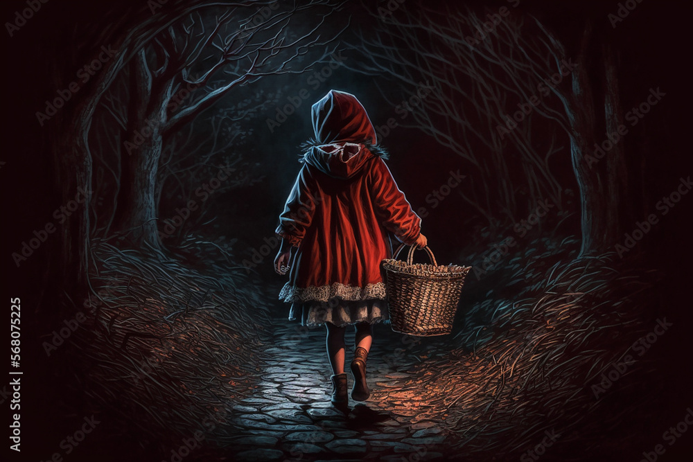 Little red riding hood in the deep dark forest at night - created with ...