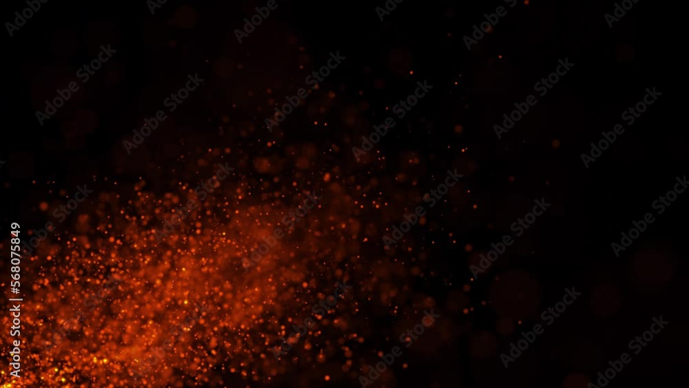 Abstract loop orange fire particles with smoke cloud flare explod flow ...