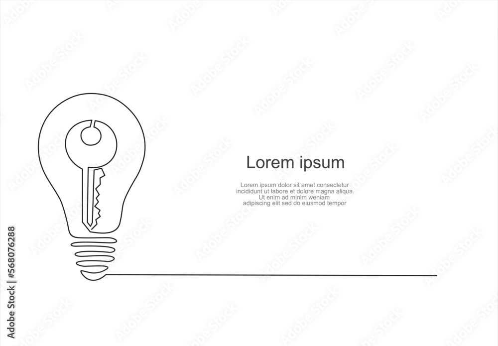 Continuous one single line drawing innovation Light bulb and key inside ...