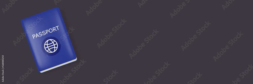 Vector horizontal banner with blue international passport flat lay on ...