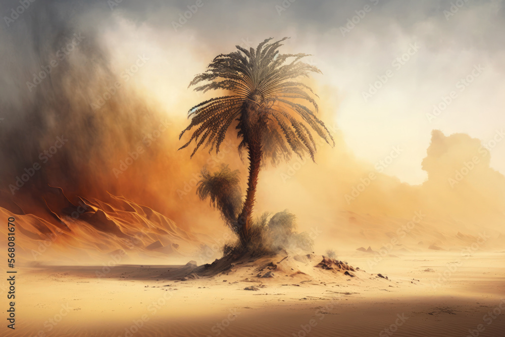 Palm Tree in a Sea of Dust. Background fantasy. Conceptual art Genuine ...