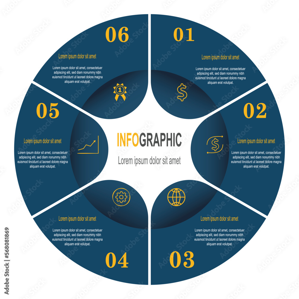 Infographic Blue circle template, 6 steps business data illustration ...