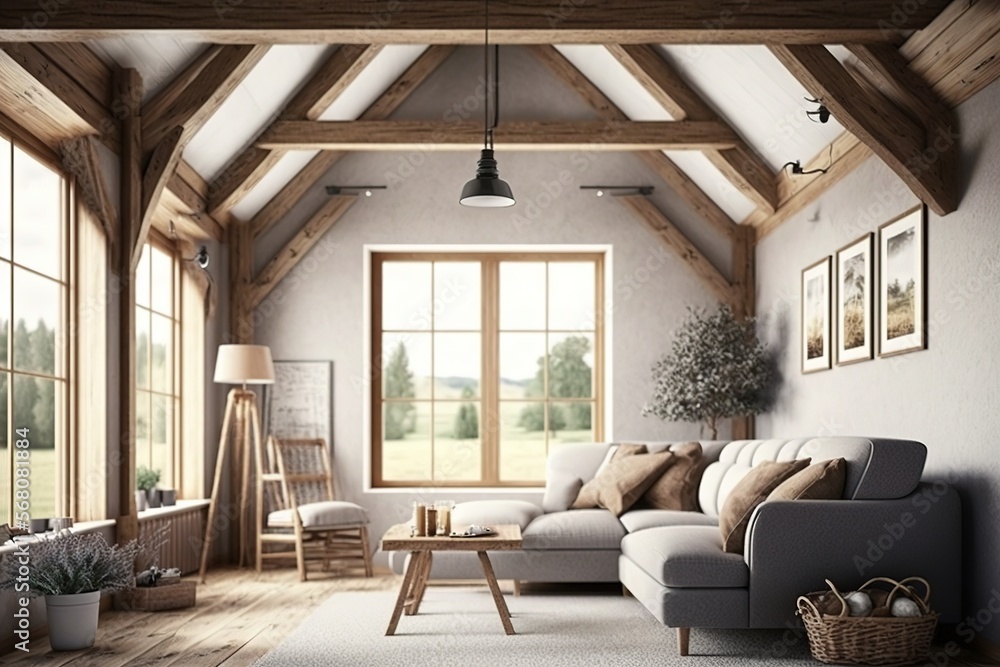 cozy warm home interior of a chic country chalet with a huge panoramic ...