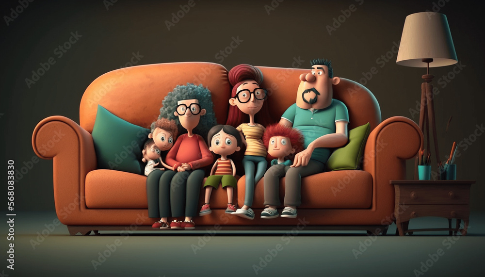 cartoon happy family mother father and kids at home on couch ...