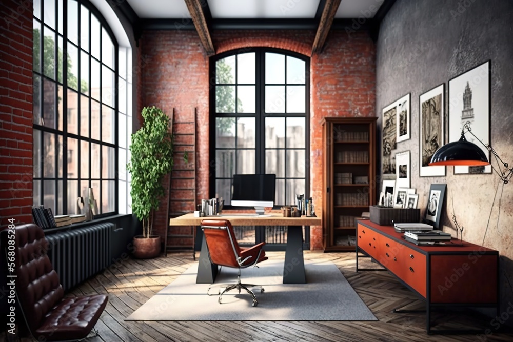Modern loft office interior with old vintage brick wall. New Yorker ...