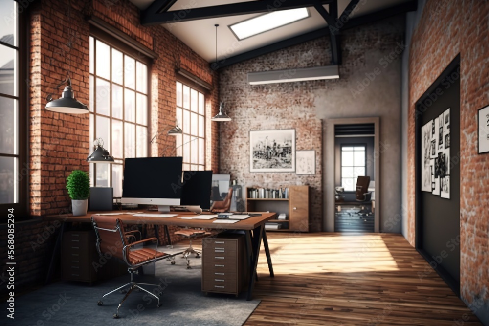 Modern loft office interior with old vintage brick wall. New Yorker ...