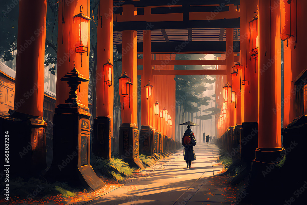 Red Torii gates in Fushimi Inari shrine in Kyoto, Japan, illustration ...