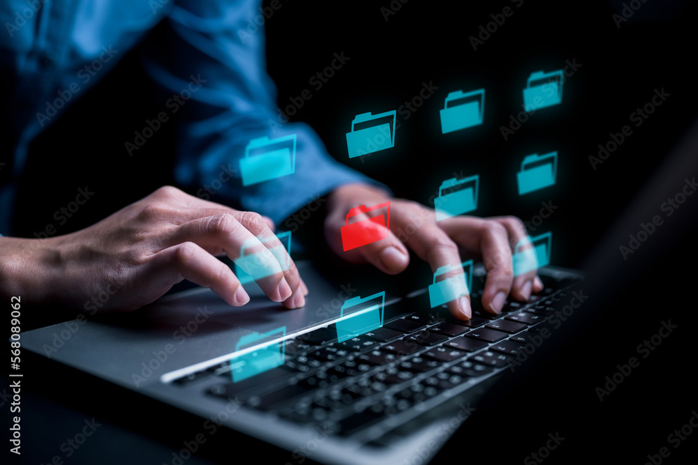 Virus folder icon. Malware alert on laptop. Icon Folder red on laptop virtual screen hologram ...