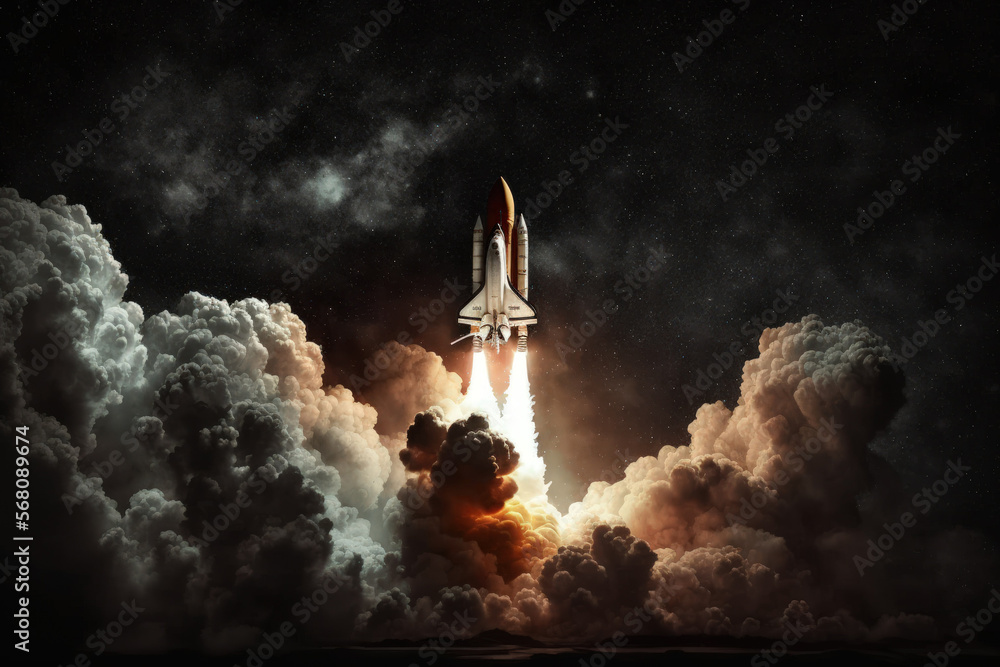 launch of a space rocket into the night sky. On a black background, a ...