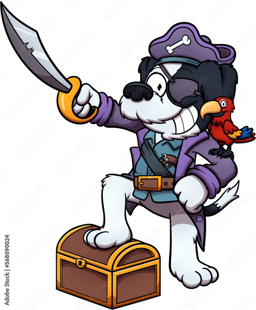 Pirate Dog With Parrot On Shoulder. Vector clip art illustration with ...