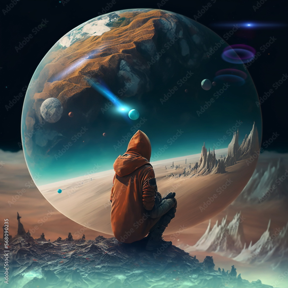 eman sit on front earth in alien planet space starry sky flares concept ...