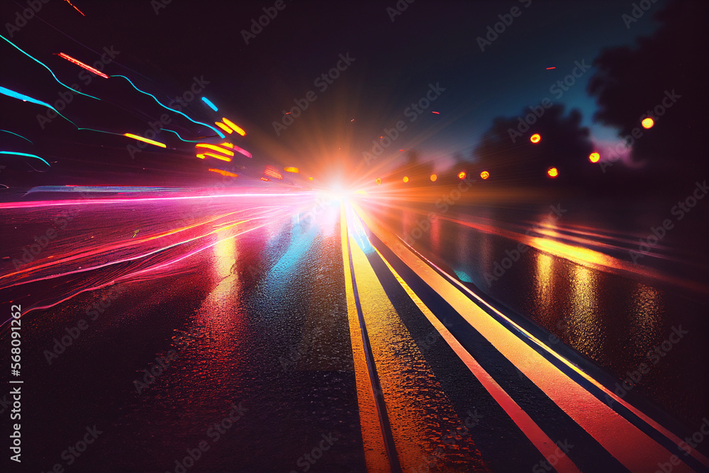 High speed night road neon ligh trail grow fast speedy moving motion ...