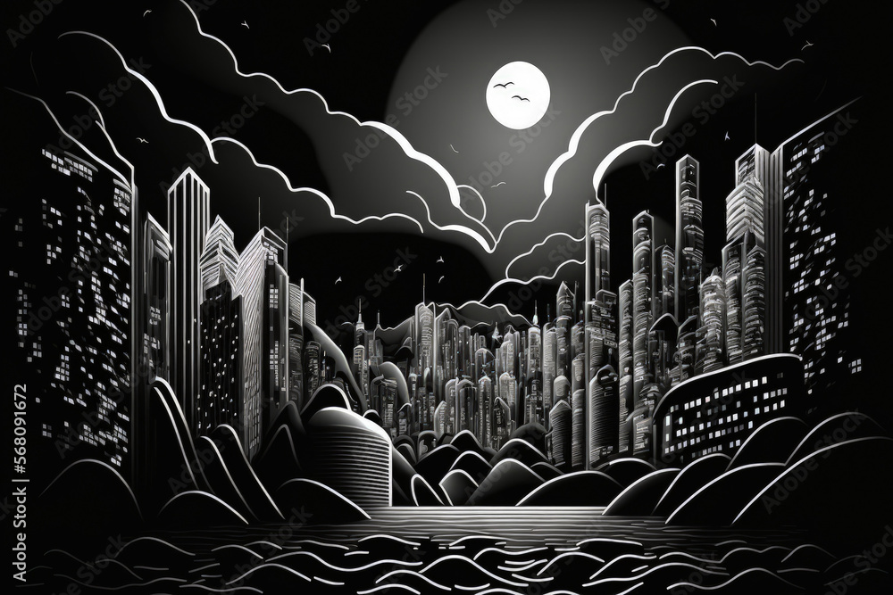 abstract nighttime cityscape of the future with lit up buildings. Black ...