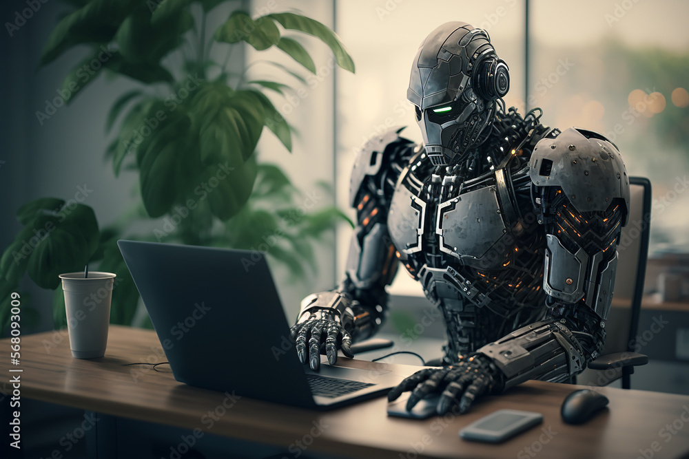 Robot working in the office at the computer. Big data center. Robot ...
