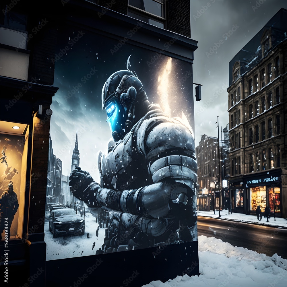 Fortnite style city of London which has been turned into ice snowfall ...