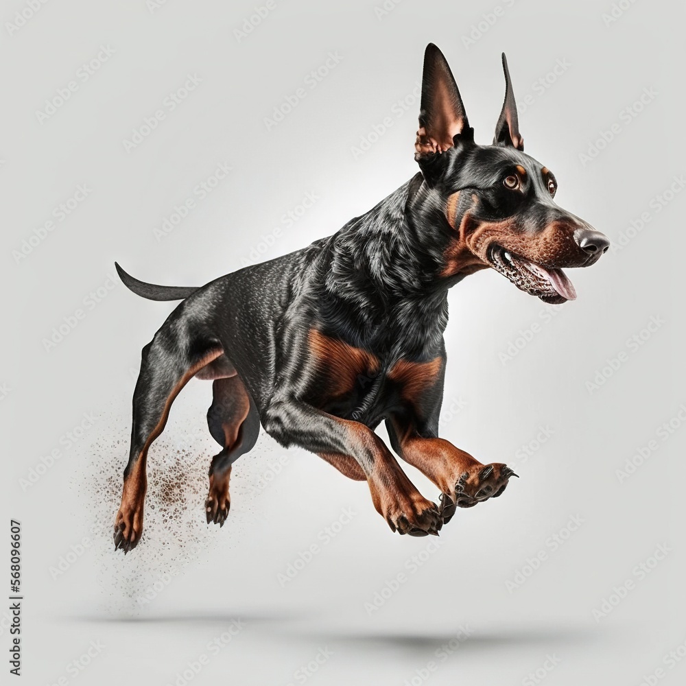 a black and brown dog jumping in the air with its mouth open and tongue ...