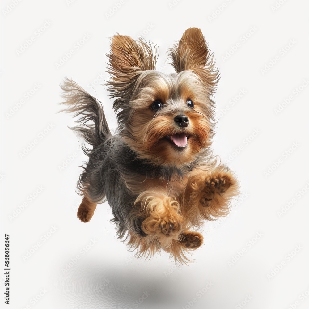a small dog is flying through the air with its paws in the air and it's ...