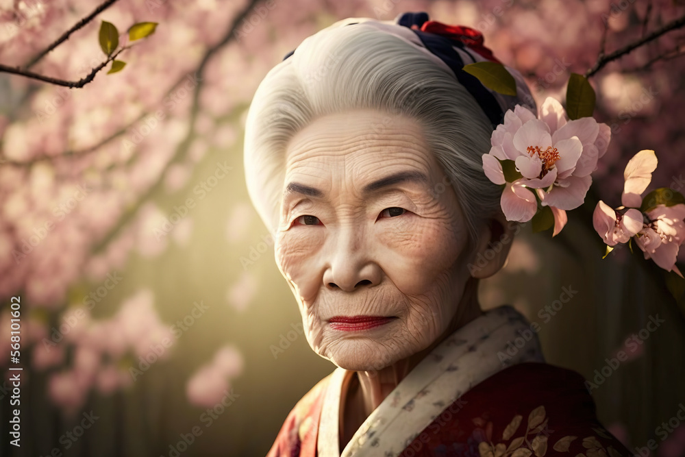 An old japanese woman dressed in the traditional geisha style wearing a ...