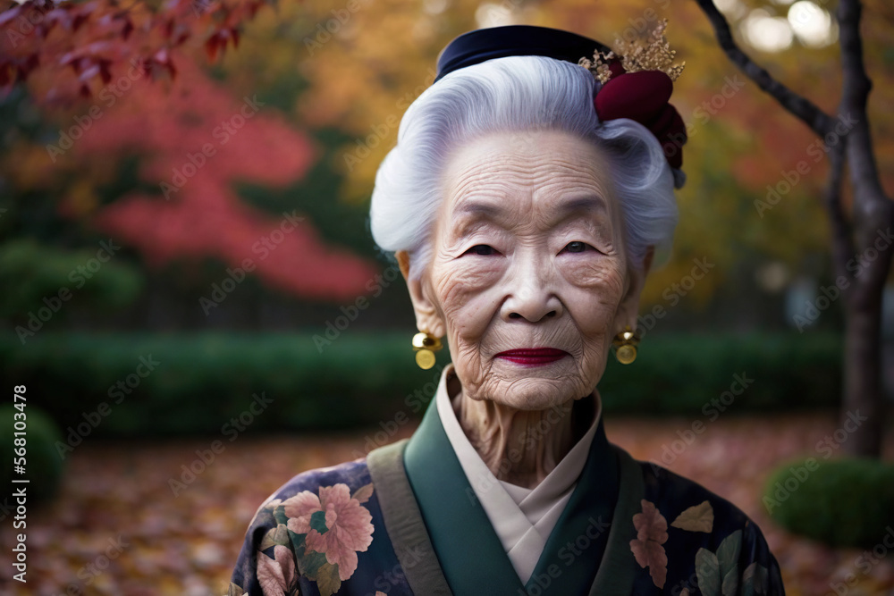 An old japanese woman dressed in the traditional geisha style wearing a ...