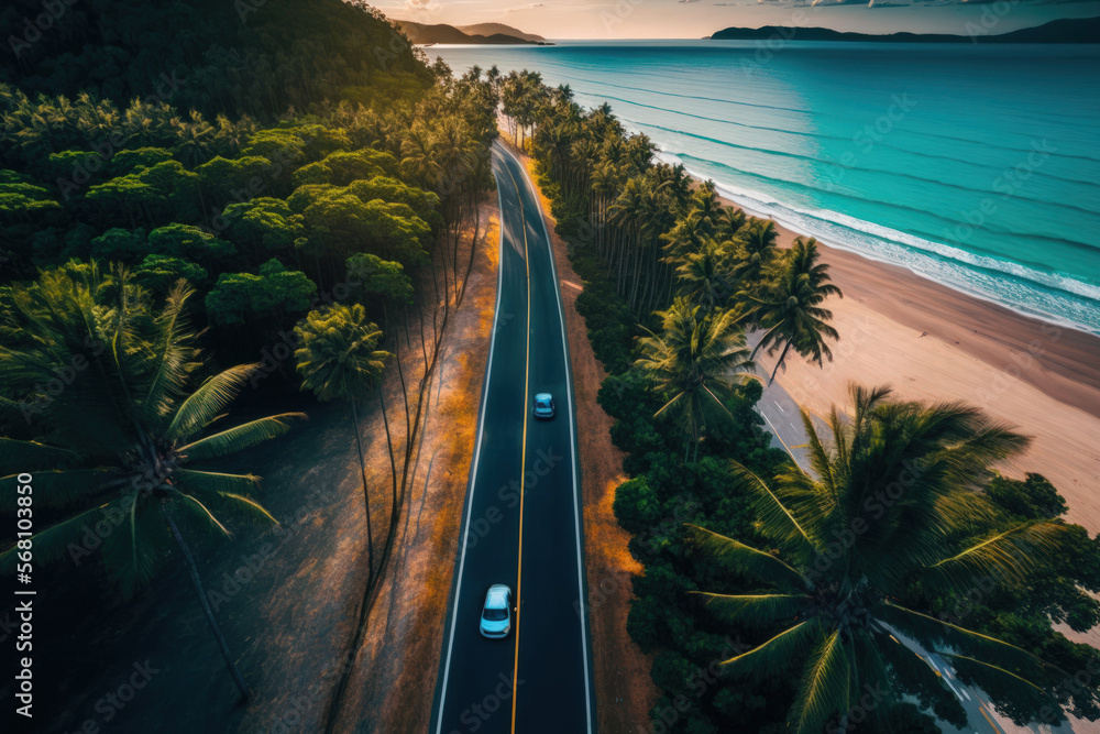 road journeys to a tropical beach in a car. Drone top view of a ...
