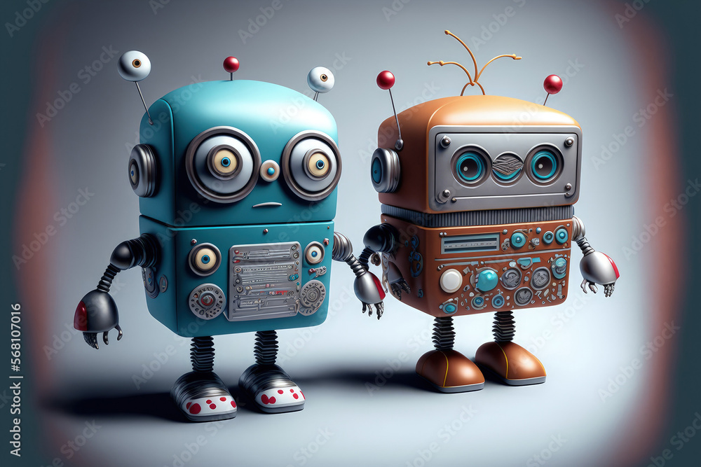 Robotic delivery, artificial intelligence, two old tin toy robots ...