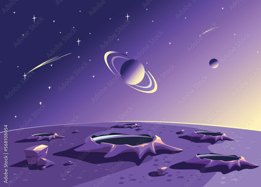 Space landscape depicting the surface of the planet in craters, starry ...