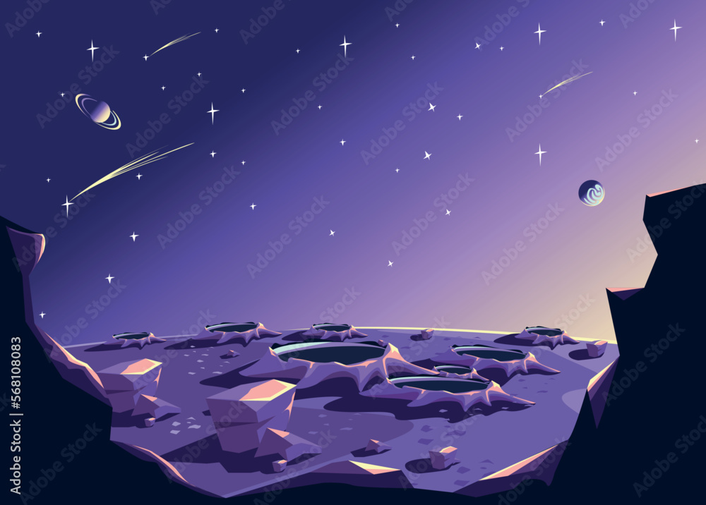 Space landscape depicting the surface of the planet in craters, starry ...