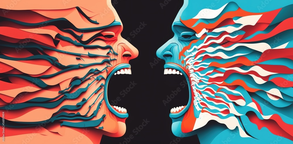 Abstract 3D rendering style illustration of two people screaming and ...