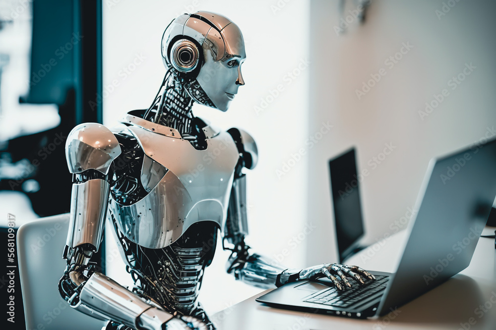 Ai humanoid robot working on a laptop in a modern office: the benefits ...