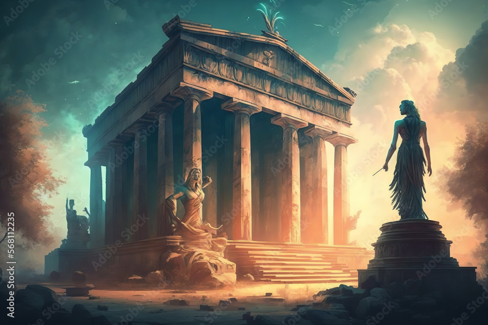 Ancient greek civilization, ancient greek temple ruins with female goddess statue with clouds ...