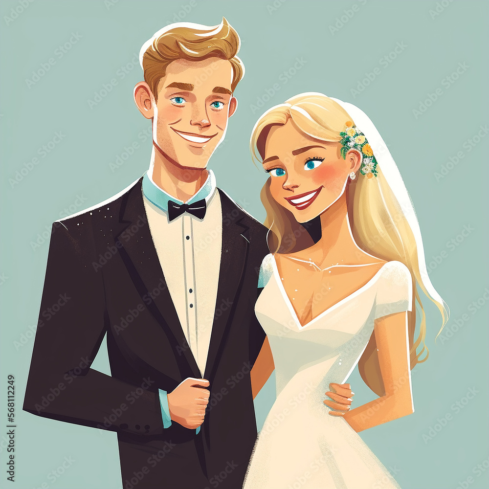 White just married couple, bride and groom, cartoon illustration, white ...