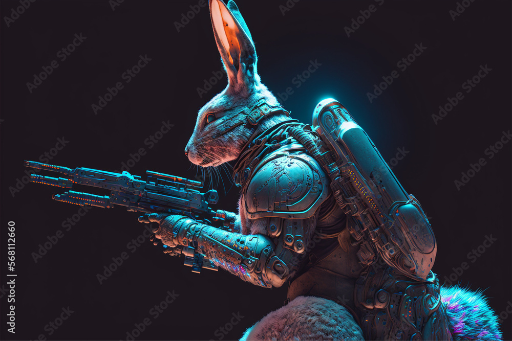 A cyberpunk battle bunny with a weapon and a jetpack created with ...