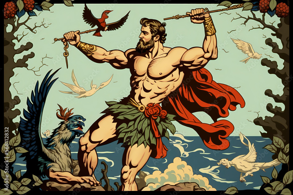 The illustration depicts Hercules in the midst of expelling the birds ...
