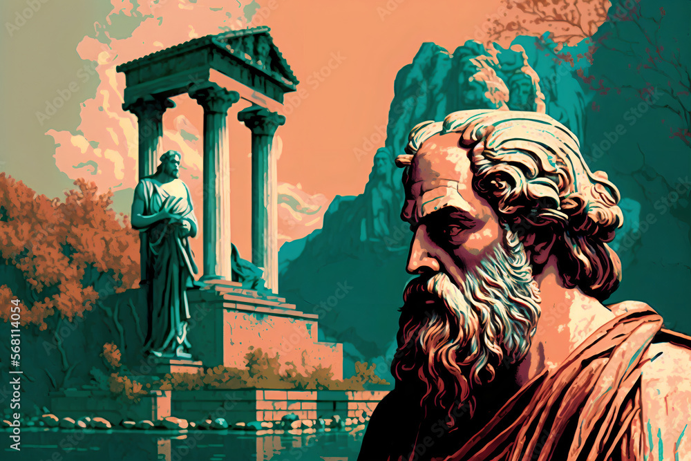 Illustration of philosopher Socrates at the Delphi Oracle, asking the ...