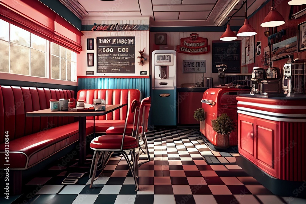 Retro cafe, american diner interior with tables, red sofas. 3d ...