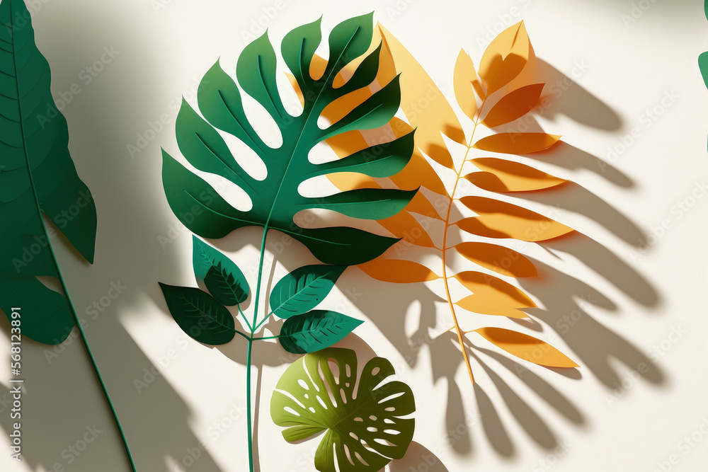 Summer seasonal concept, leaves natural shadow overlay on white texture ...