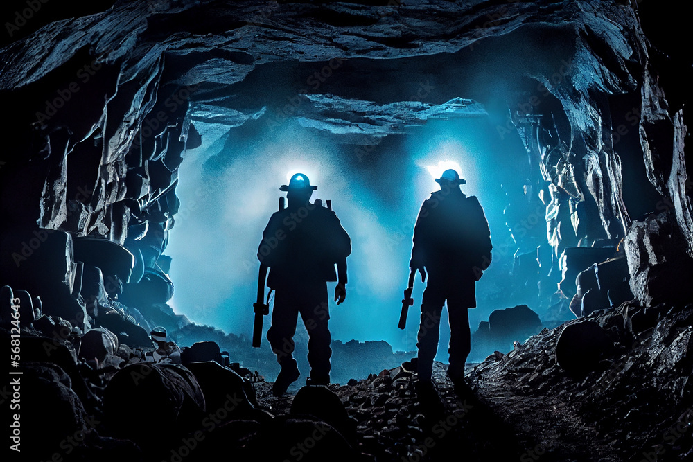 Silhouettes of miners in a helmet with lanterns in a dark cave ...
