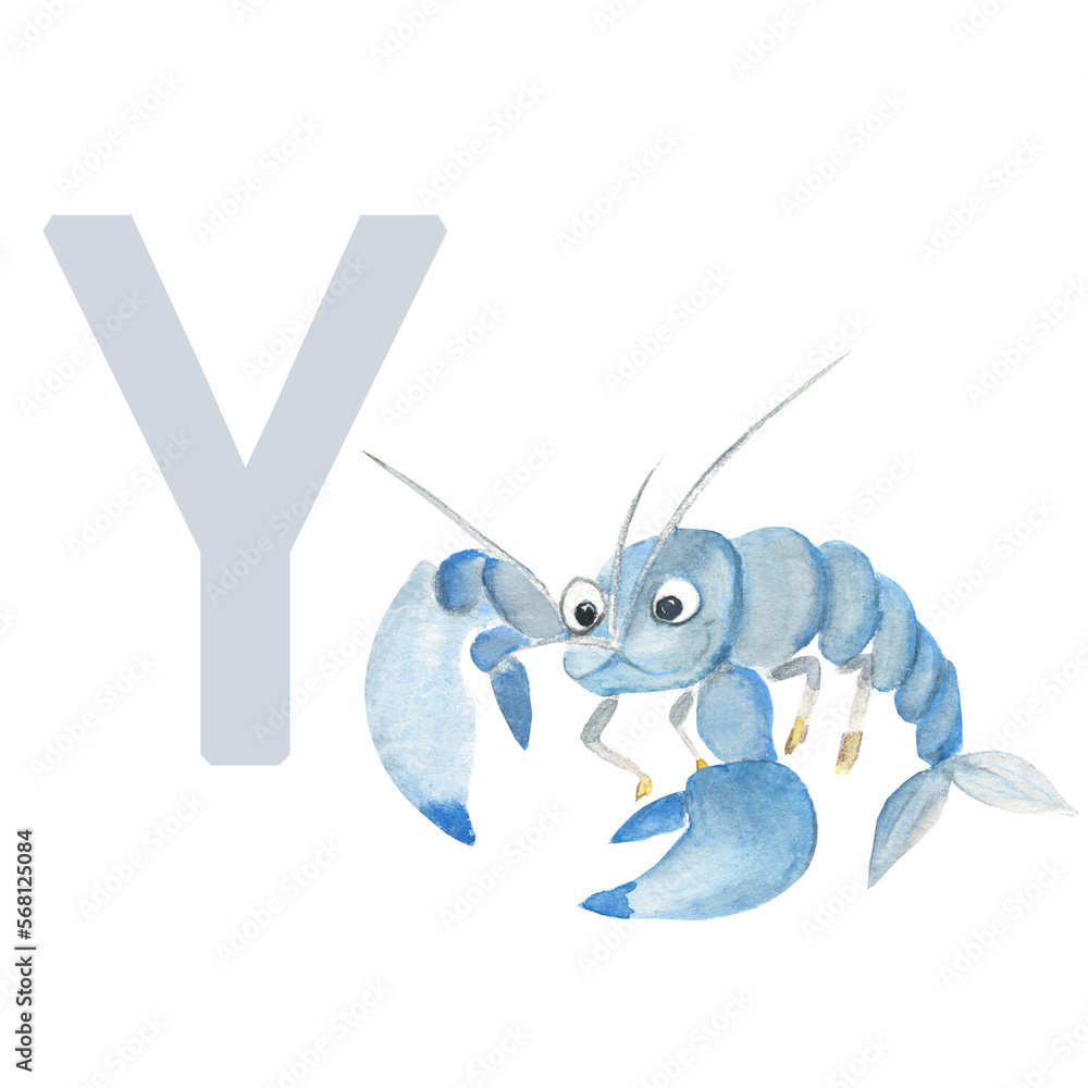 Letter Y, yabby, cute kids animal ABC alphabet. Watercolor illustration ...