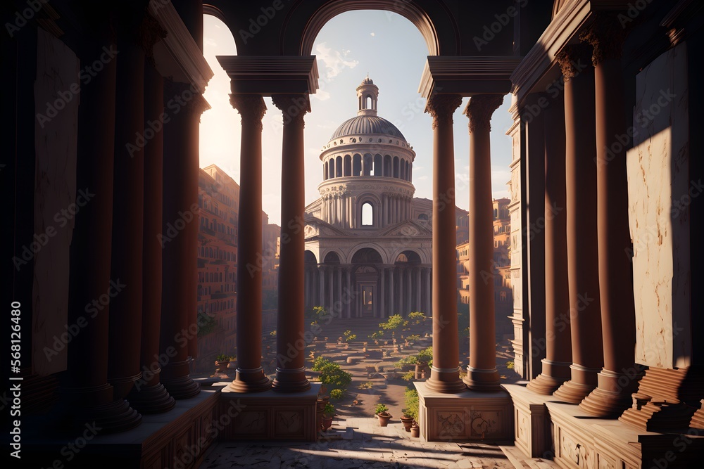 Roman empire in the and the collesium in the distance with super high ...