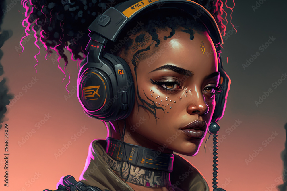 A realistic image of an ebony female decked up in cyberpunk attire ...