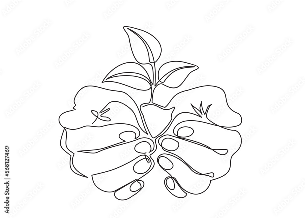 Single continuous line of hands holding tree leaf. Plant leaves grow ...